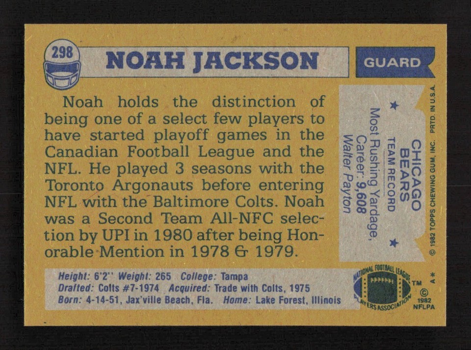 1982 Topps Football Noah Jackson #298 Chicago Bears | eBay