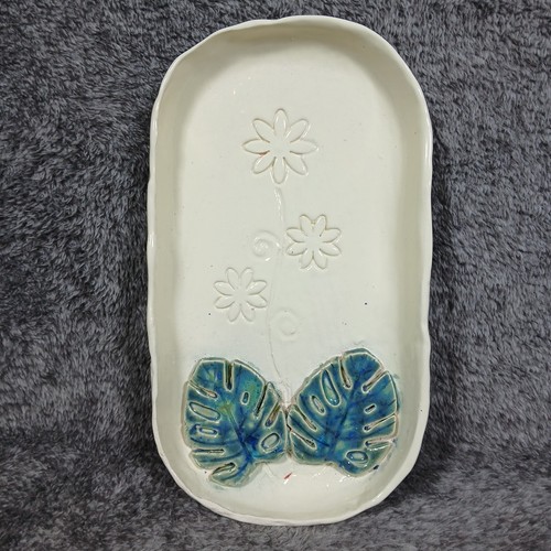 Handmade Studio Art Pottery Tray Blue Leaves Flowers 8.5" Signed DW | eBay