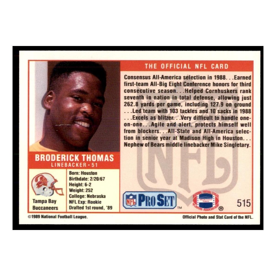 1989 Pro Set #515 Broderick Thomas Rookie Tampa Bay Buccaneers Football ...