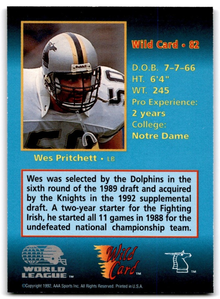 1992 Wild Card WLAF Wes Pritchett NY NJ Knights #82 | eBay