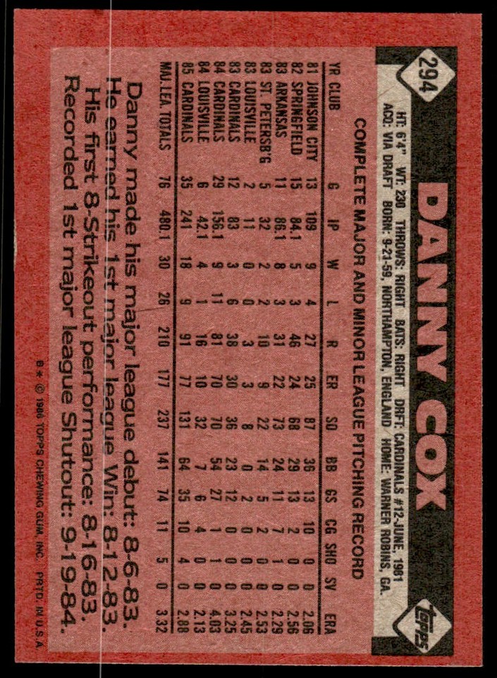 1986 Topps Baseball Card Danny Cox B St. Louis Cardinals #294 | eBay