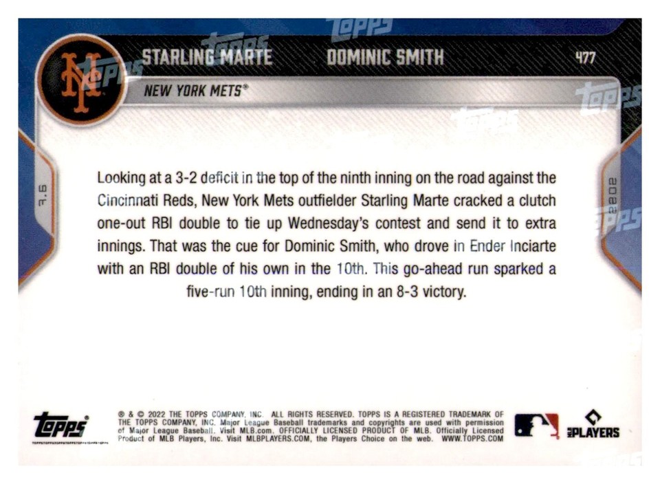 2022 Topps Now Blue Parallel #477 Starling Marte Dominic Smith Mets 46/ ...