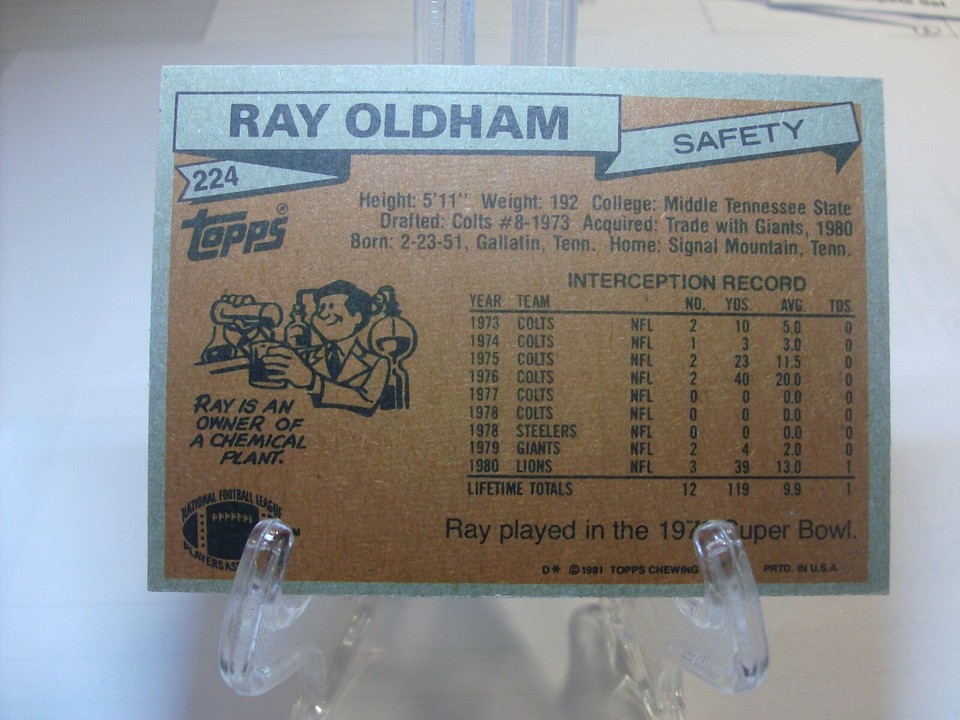1981 Topps Football Card #224 - Ray Oldham RC - Detroit Lions (97782 ...