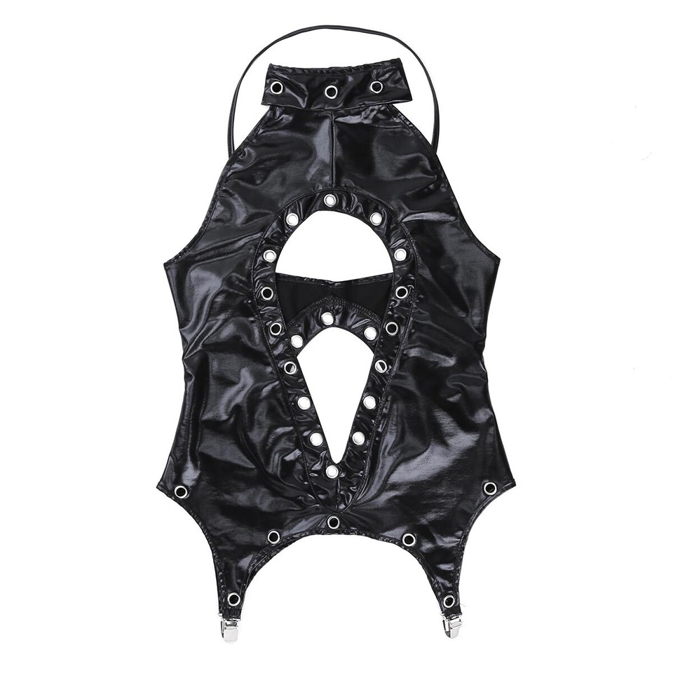Womens Shiny Catsuit PVC Leather Crotchless Bodysuits Rompers Lingerie ...