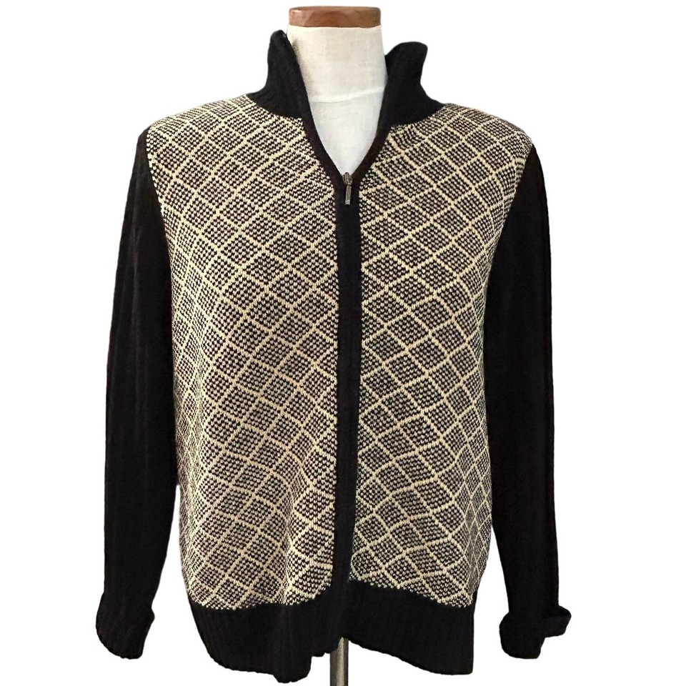 Vintage Karen Scott Velour Zip Sweater M Geometric Pattern Y2K Cozy ...