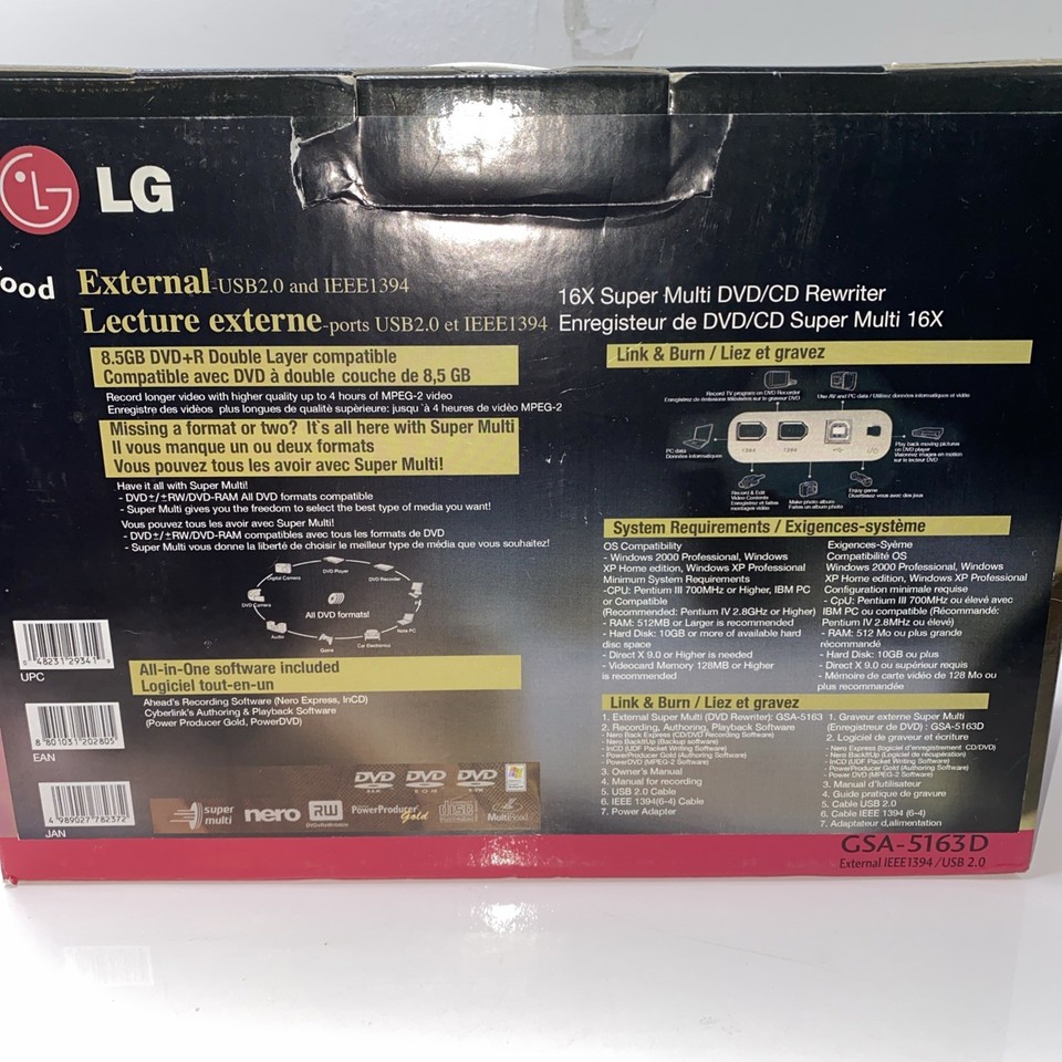 LG External Dvd USB 2.0 Rewriter GSA-5163D tri dvd formats NO Power ...
