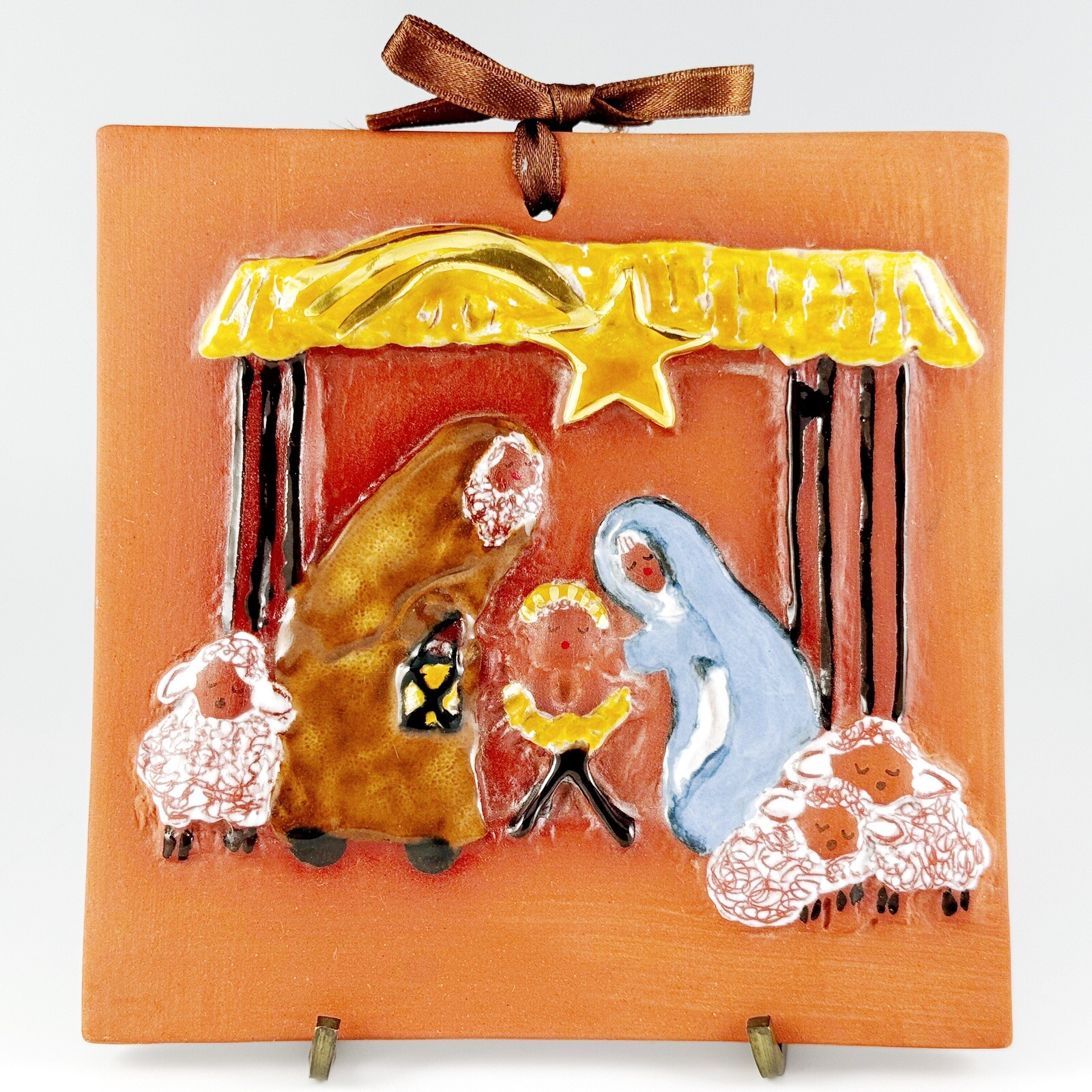 Handmade Pottery Christmas Nativity Redware Tile Mary Joseph Jesus ...
