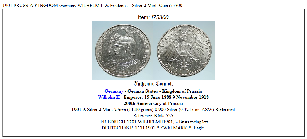 1901 Germany PRUSSIA KINGDOM Wilhelm II & Frederick I Silver 2 Mark ...
