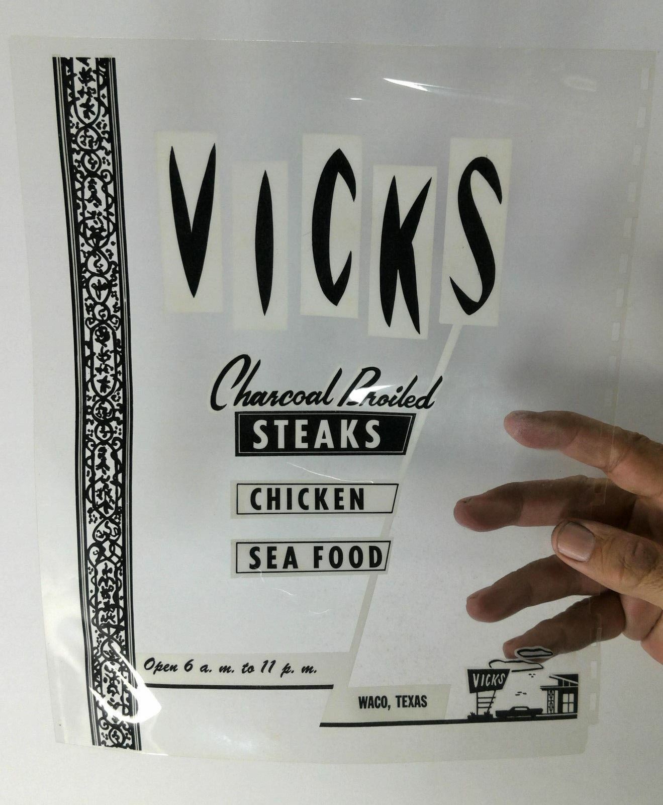 VICKS Restaurant Waco Texas Menu CLEAR COVER B & W PHOTOSTAT PROOF | eBay