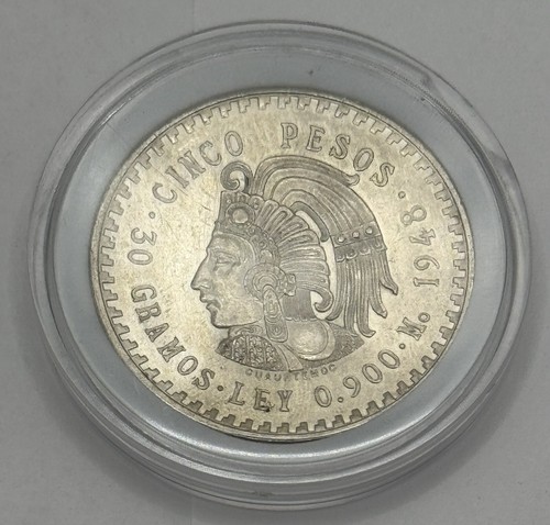 1948 Mexico CUAUHTEMOC CINCO 5 PESOS 30 Gramos 0.900 90% Silver 30g ...