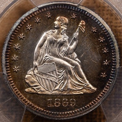 1869 Proof Liberty Seated quarter, PCGS PR64, sweet example ...