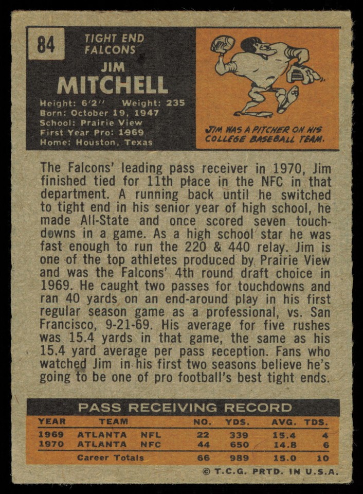 1971 Topps #84 Jim Mitchell RC Atlanta Falcons | eBay