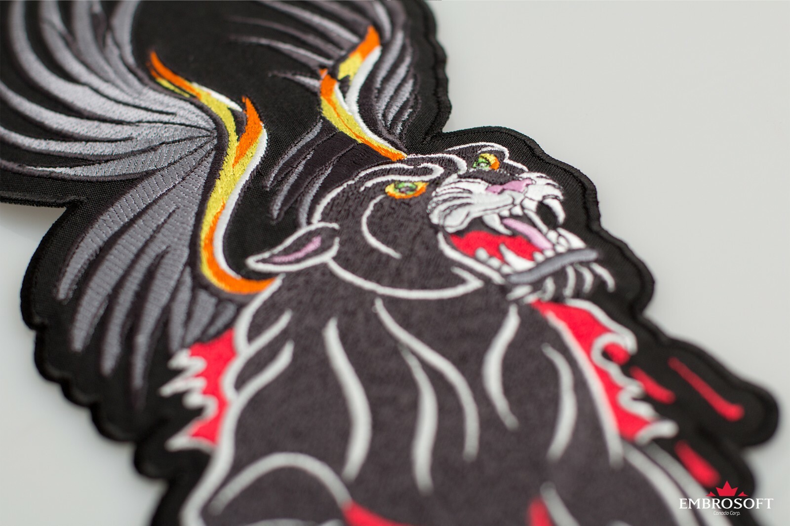 Flying Panther through Flame Black and Grey Large Embroidered Patch ...