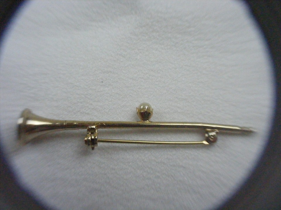 Vintage Costume Jewelry Goldtone Bugle Instrument Pin Prong Set Pearl ...
