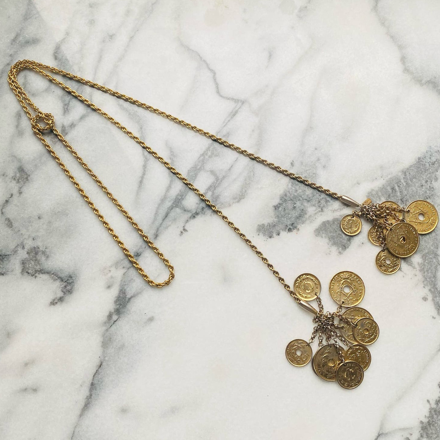 Vintage Monet Amorelle Goldtone Coin Necklace Lariat … - Gem
