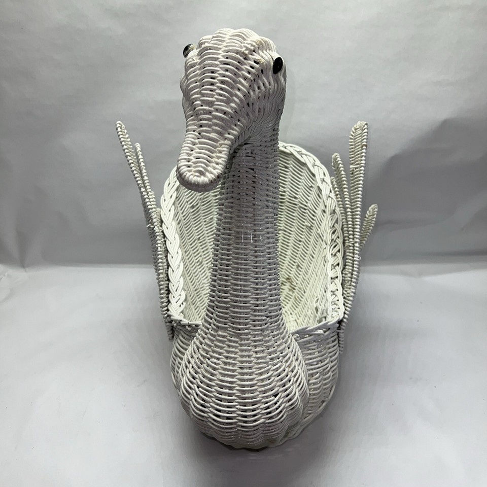 MCM White Wicker Rattan Swan Basket 20” T x 22” L x 12” W | eBay