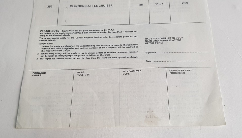 Dinky Toys, Klingon Battle Cruiser Original Order Form, Superb Un-used ...