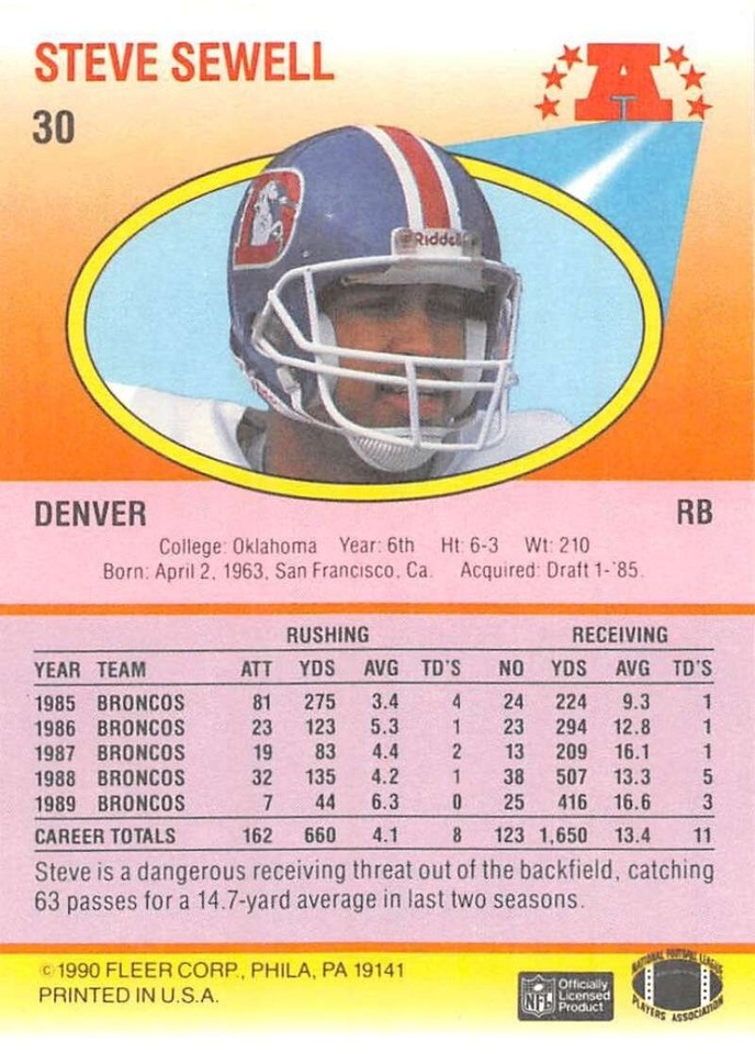 1990 FLEER NFL Football Vintage Trading Card #30 - STEVE SEWELL, Denver ...
