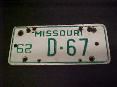 Original 1962 Missouri Motorcycle license plate D-67 Vintage Dealer ...