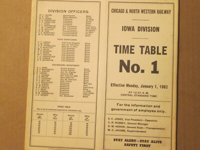 Chicago & North Western Time Table No. 1 Jan. 1962 Iowa Division | eBay