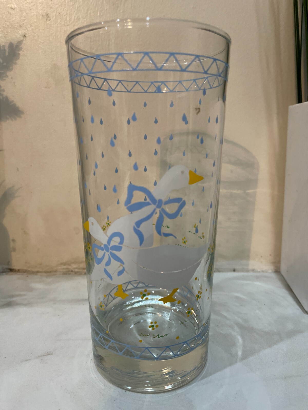 Vintage geese goose blue ribbon drinking glass tumbler flowers Mint 6. ...