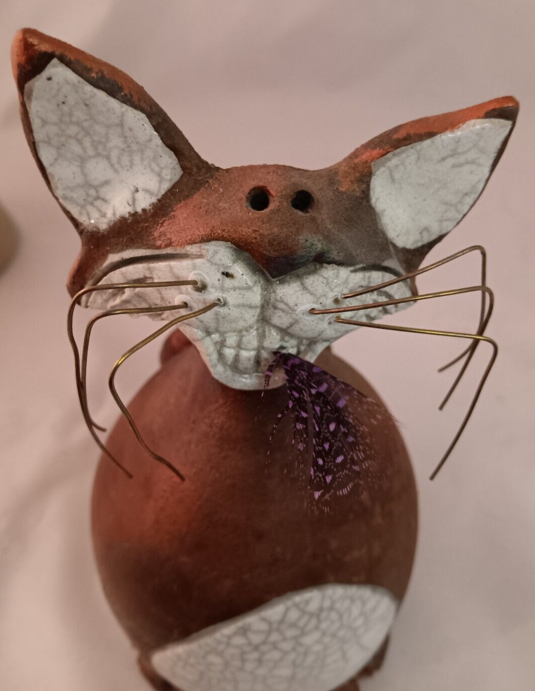 Round Tree Pottery Raku Naughty Cat with Feather Figure signed Nolan ...