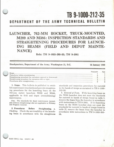 TB 9-1000-212-35 LAUNCHER 762MM ROCKET TRUCK M289 M386 HONEST JOHN On ...