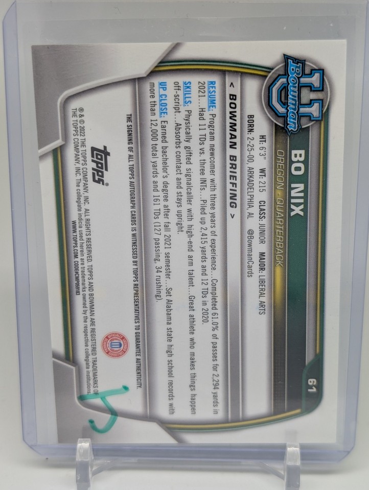 2022 Bowman University Chrome Bo Nix Auto Oregon Ducks Denver Broncos J ...