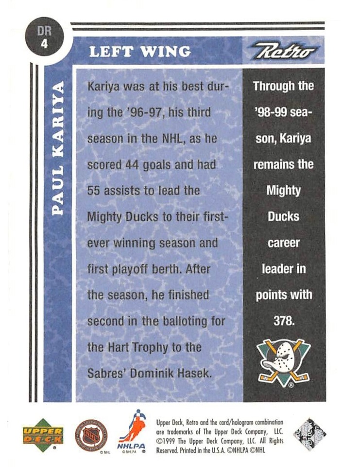 1999-00 Upper Deck Retro Distant Replay #DR4 Paul Kariya | eBay