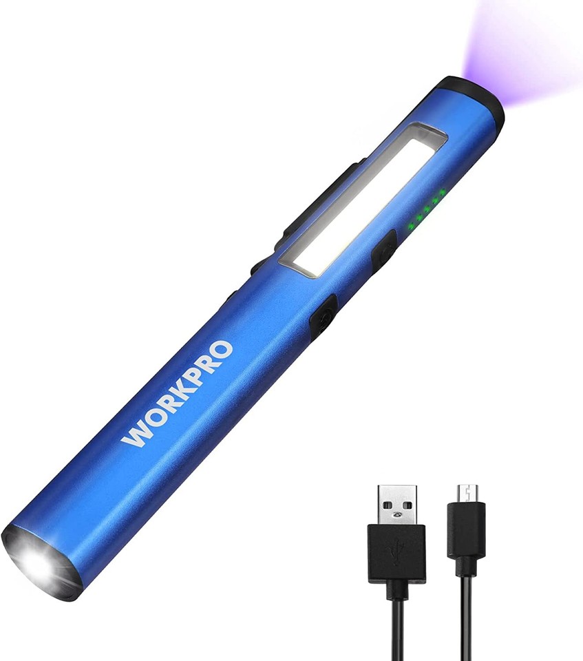WORKPRO LED Flashlight UV Black Light Pocket Pen Light 450 Lumen USB ...