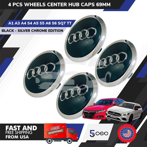 Audi 69mm Black Chrome Wheel Rim Center Hub Caps Emblem 4PC Set ...