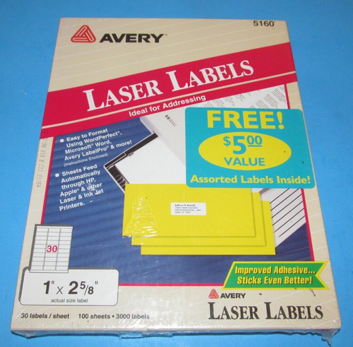 Avery 5160 Address Laser Labels 1”x 2 5/8” 3,000 Labels ~ New, Sealed ...