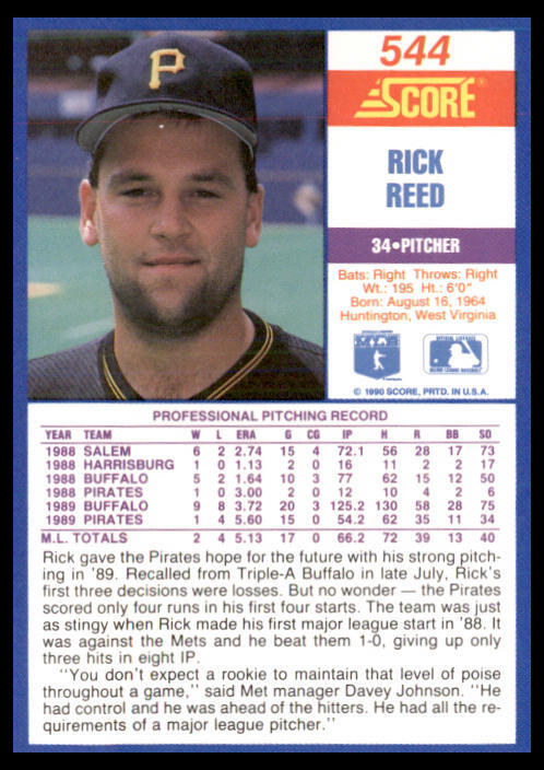 1990 Score #544 Rick Reed Pittsburgh Pirates Baseball Card | eBay