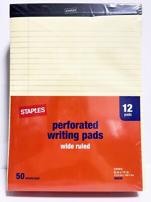 STAPLES 12 Note Pad Perforated 8.5"x11.75" Canary Wide Ruled Writing 50 ...