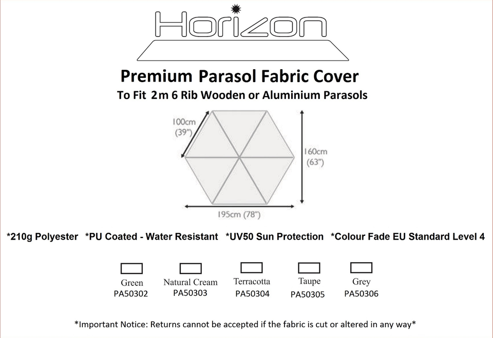 Replacement Fabric Parasol Garden Canopy 2m 2.5m 2.7m 3m 3x2m Cover 6 ...