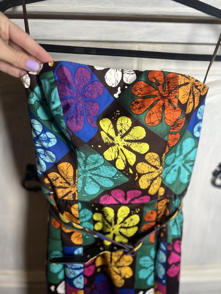 Trina Turk Retro Flower Power Mod Print Strapless Belted Mini Dress ...