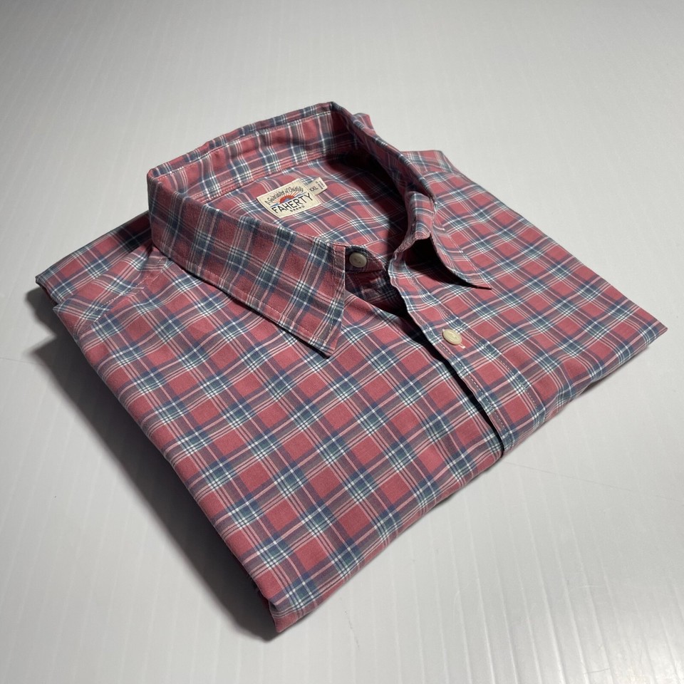 Faherty Salmon Pink Blue Plaid Ltwt Shirt Cats Eye Btns XXL | eBay