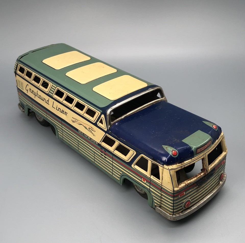 Vtg 1950s Tin Toy Friction Bus / 9" Greyhound Lines Scenicruiser ...