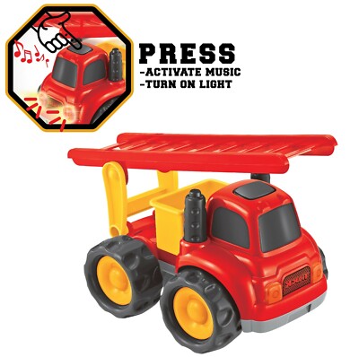 Fire truck toy Friction lights sound Toddlers kids red vehicle Rugged ...