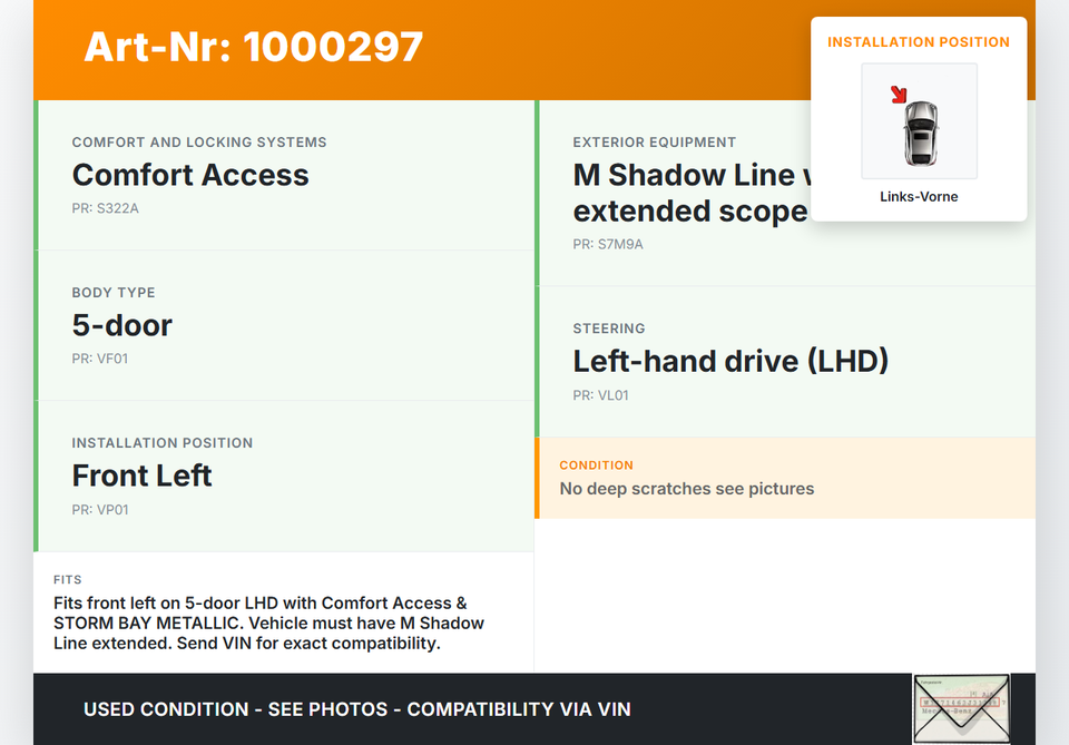 Door Handle Handle outside Left Front for BMW F40 M135i 19-25 5T C3N ...