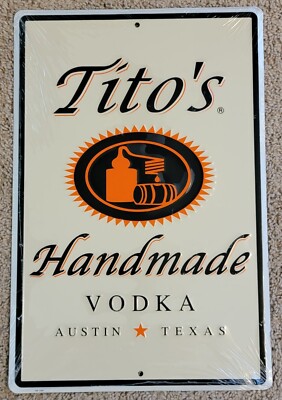 Tito's Handmade Vodka Tin Tacker Sign 12" x 18" Cream Color Bar Man ...