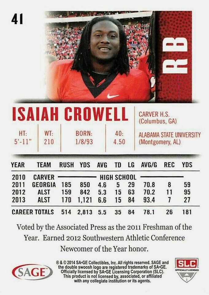 2014 SAGE Hit Isaiah Crowell #41 Rookie Alabama | eBay