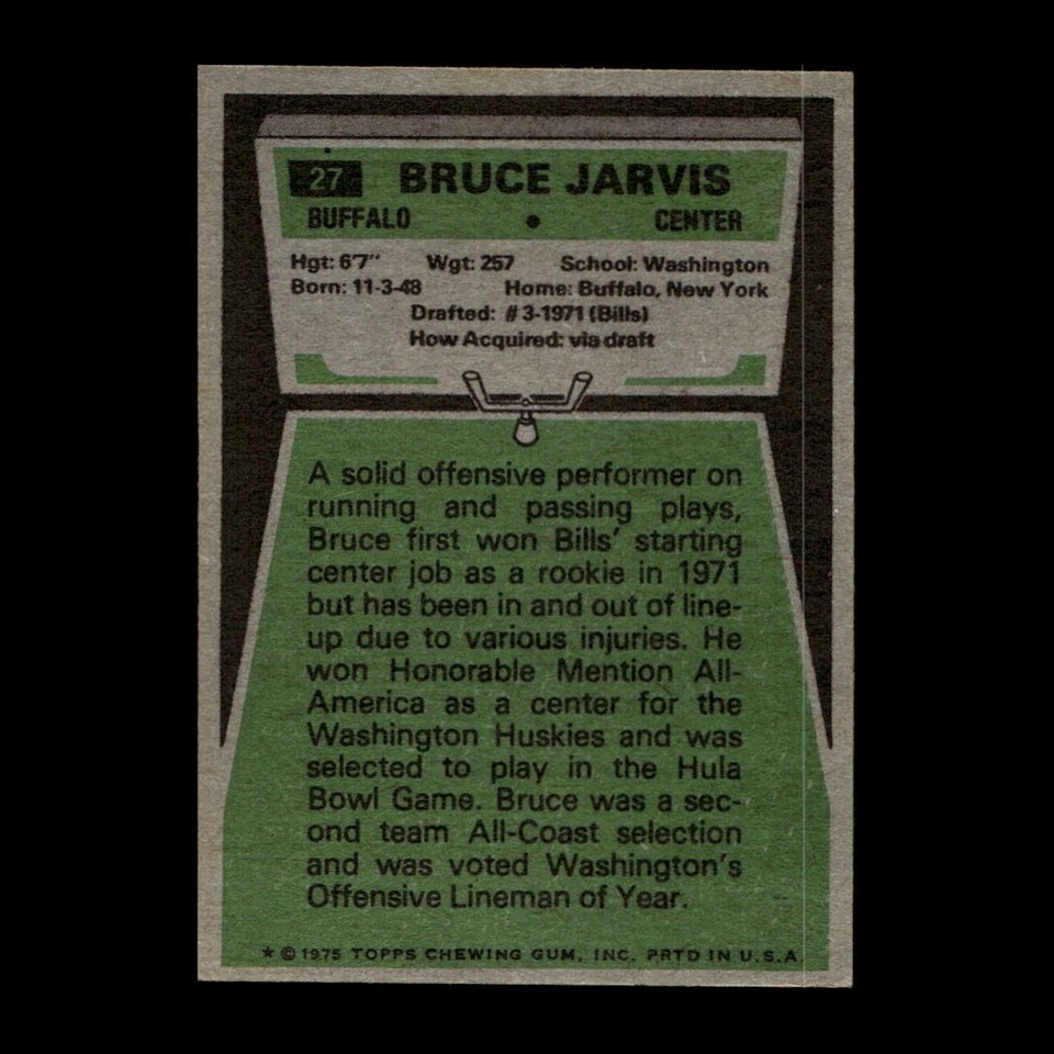Bruce Jarvis 1975 Topps Buffalo Bills #27 R311G | eBay