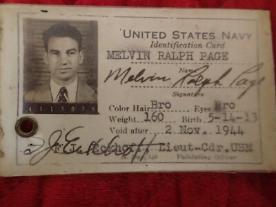 WWII US Navy ID Card - Page, Melvin Ralph - Identification Card WW2 ...