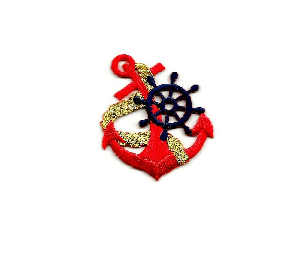 Nautical - Red Anchor W/ Wheel - Embroidered Gold Rope Iron On Applique ...