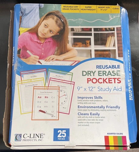 C-Line Reusable Dry Erase Pockets, Assorted Neon Colors, 25 Pockets 9 ...