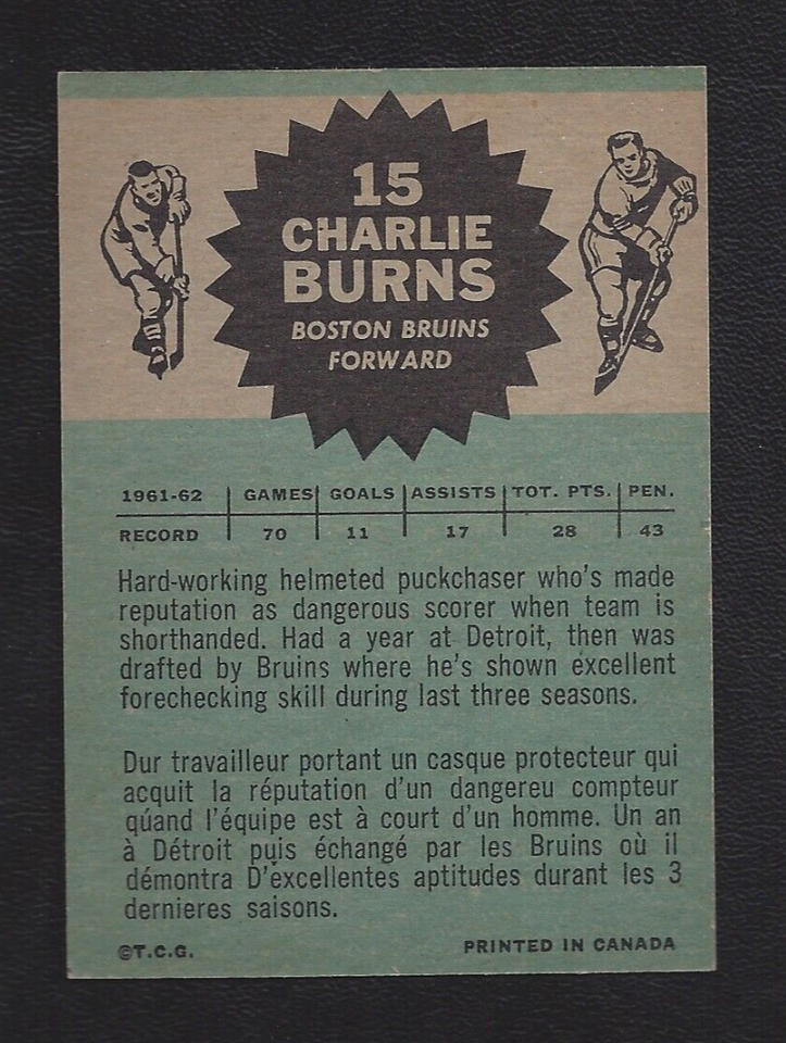 1962 Topps #15 Charlie Burns Vintage Boston Bruins NHL Hockey 1962-63 ...