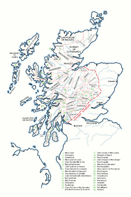 12x17 in. Scottish Clan Map showing the Clans of Scotland Highland ...