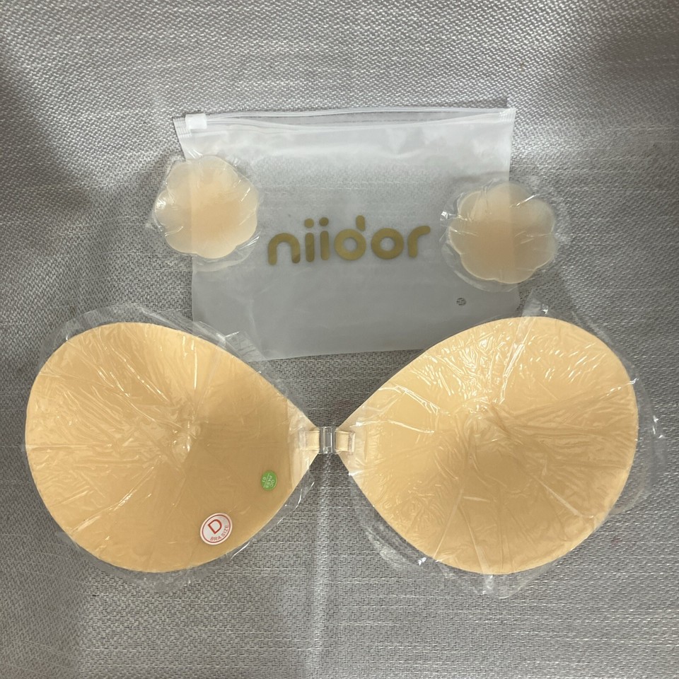 Niidor Silicone Adhesive Strapless Pushup Bra +Nipple Covers, D-cup ...