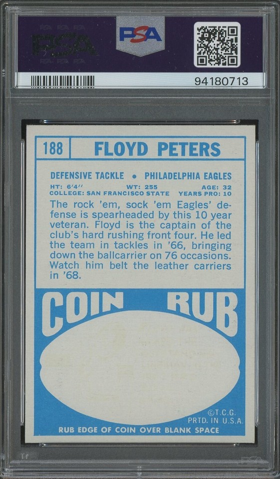 1968 Topps Football #188 Floyd Peters Philadelphia Eagles PSA 9 MINT | eBay